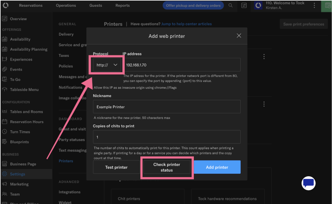 Connecting Chit Printers – Tock